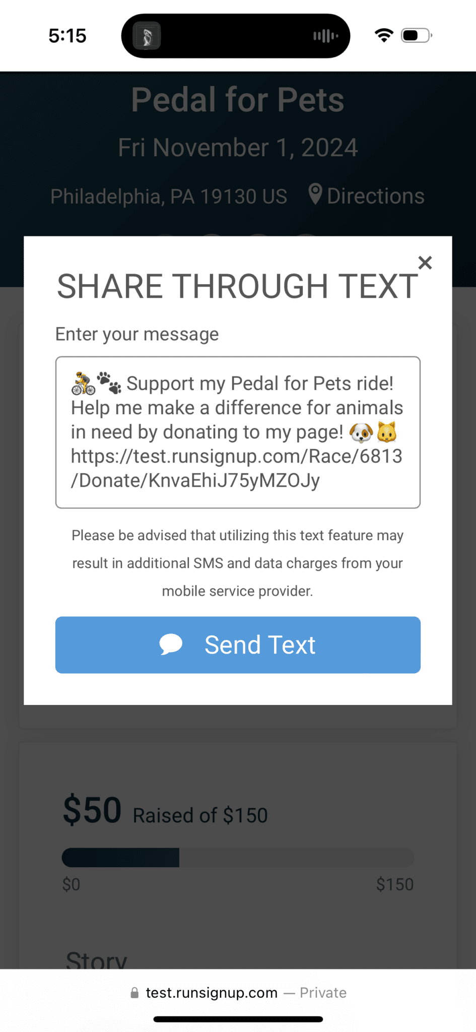 Customize Fundraising Text and Email Social Share - RunSignup