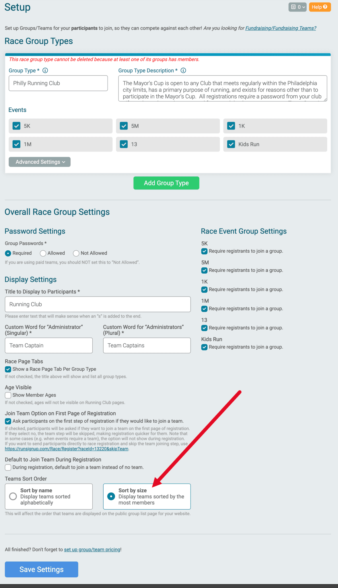 Sort Teams by Size - RunSignup